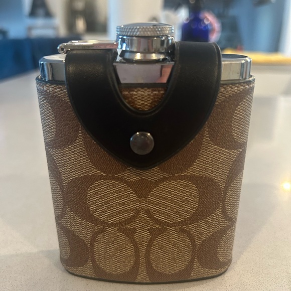Coach | Other | Coach Signature Patterned Flask With Black Leather Trim ...